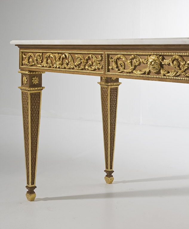 Console in carved wood with gilt details, with marble top thickness cm ...